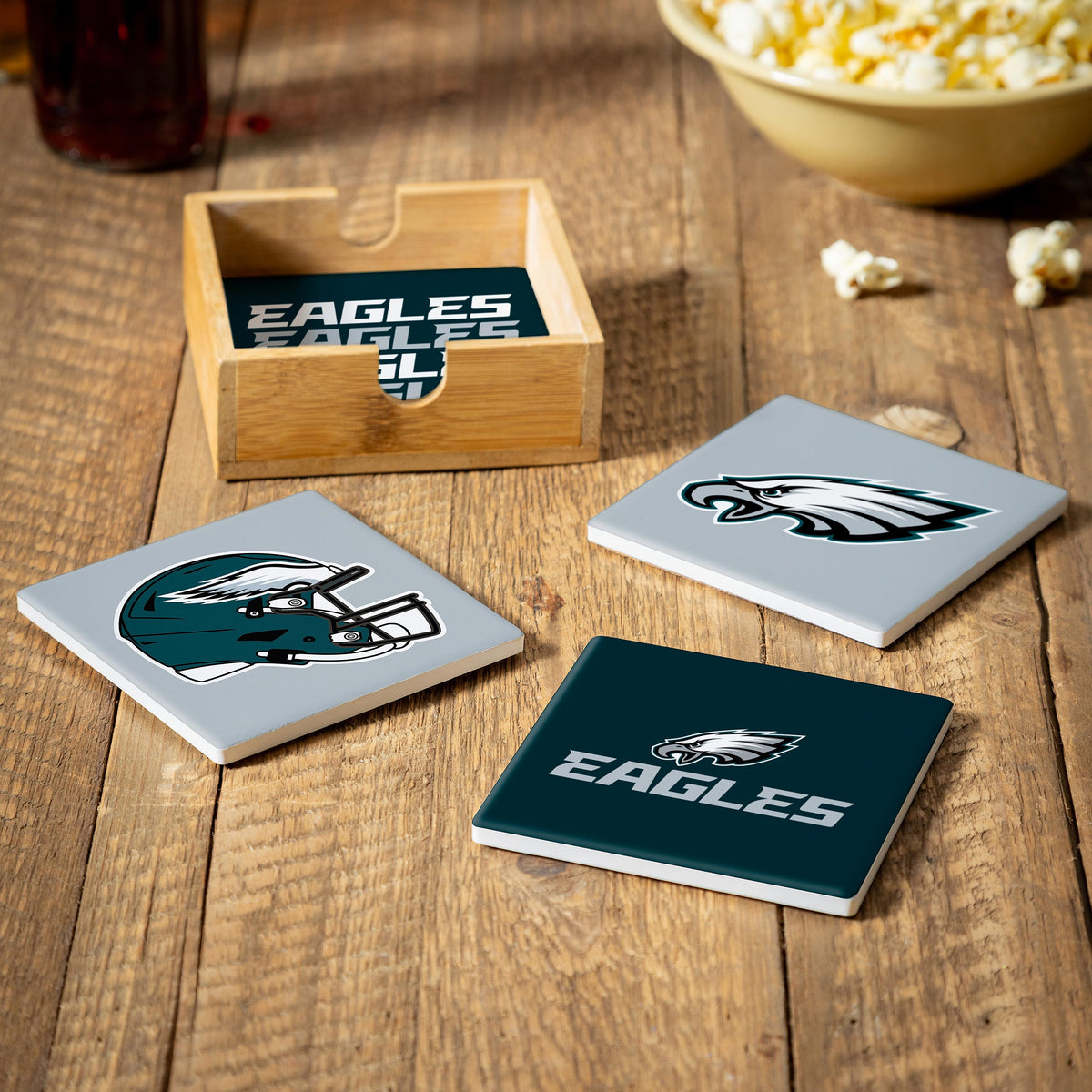 Philadelphia Eagles Ceramic Coasters Set, 4pcs with Wood Caddy – Team ...