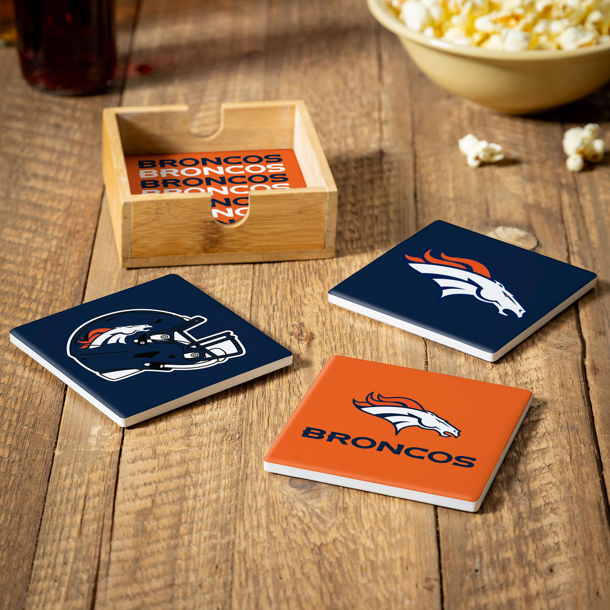 Denver Broncos Ceramic Coasters Set, 4pcs with Wood Caddy – Team Sports ...