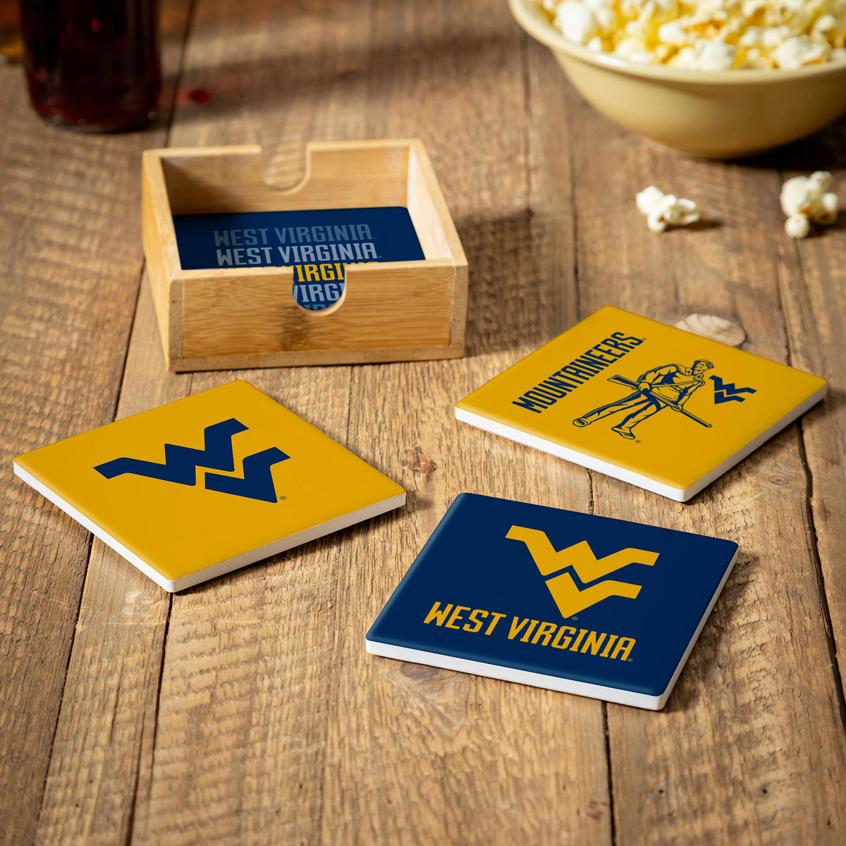 West Virginia University Ceramic Coasters Set, 4pcs with Wood Caddy ...
