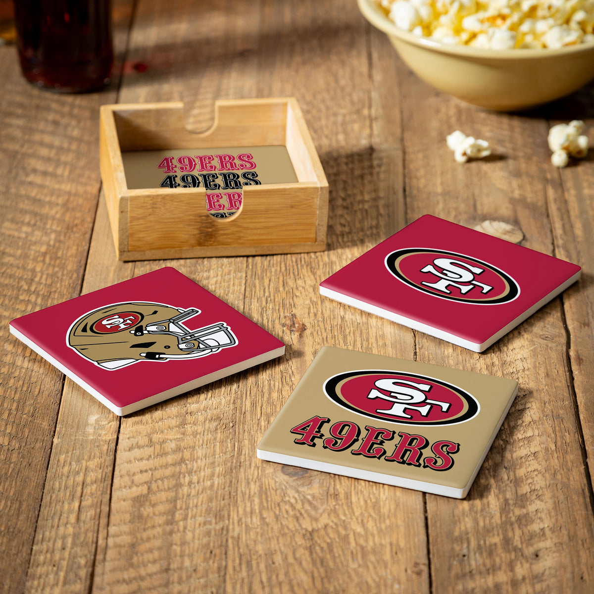 San Francisco 49ers Ceramic Coasters Set, 4pcs with Wood Caddy – Team ...
