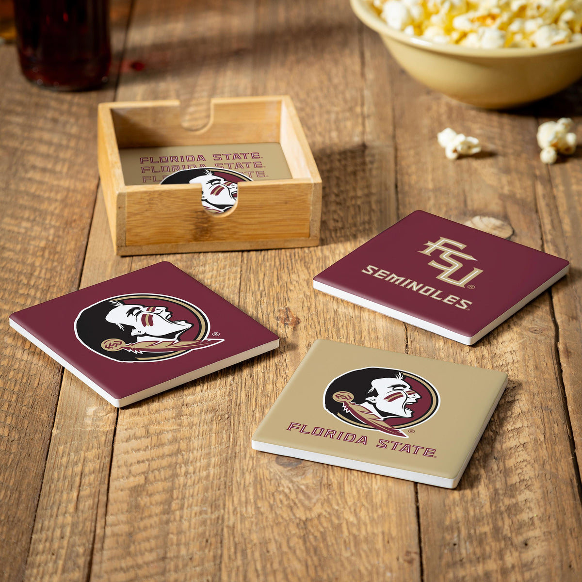 Florida State University Ceramic Coasters Set, 4pcs with Wood Caddy ...