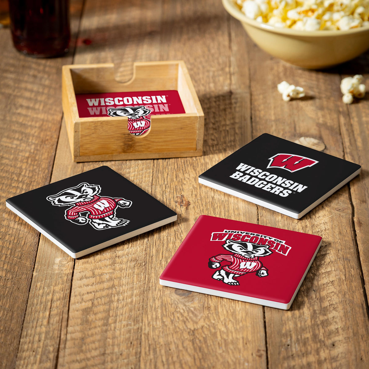 University of Wisconsin-Madison Ceramic Coasters Set, 4pcs with Wood C ...