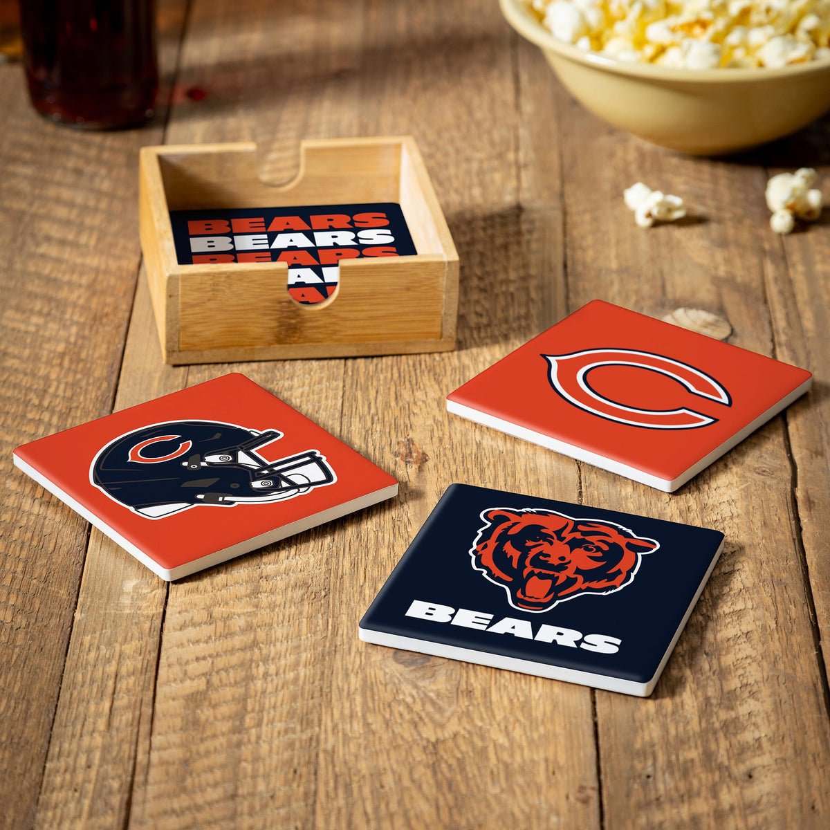 Chicago Bears Ceramic Coasters Set, 4pcs with Wood Caddy – Team Sports ...
