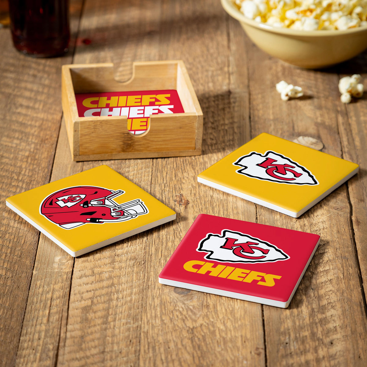 Kansas City Chiefs Ceramic Coasters Set, 4pcs with Wood Caddy – Team ...