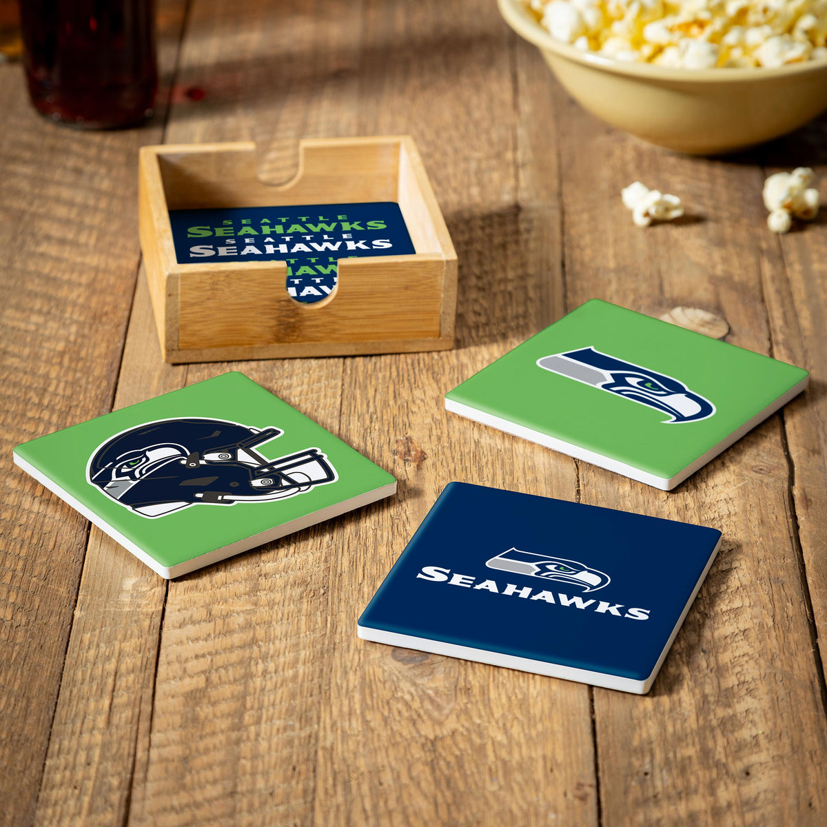 Seattle Seahawks Ceramic Coasters Set, 4pcs with Wood Caddy – Team ...