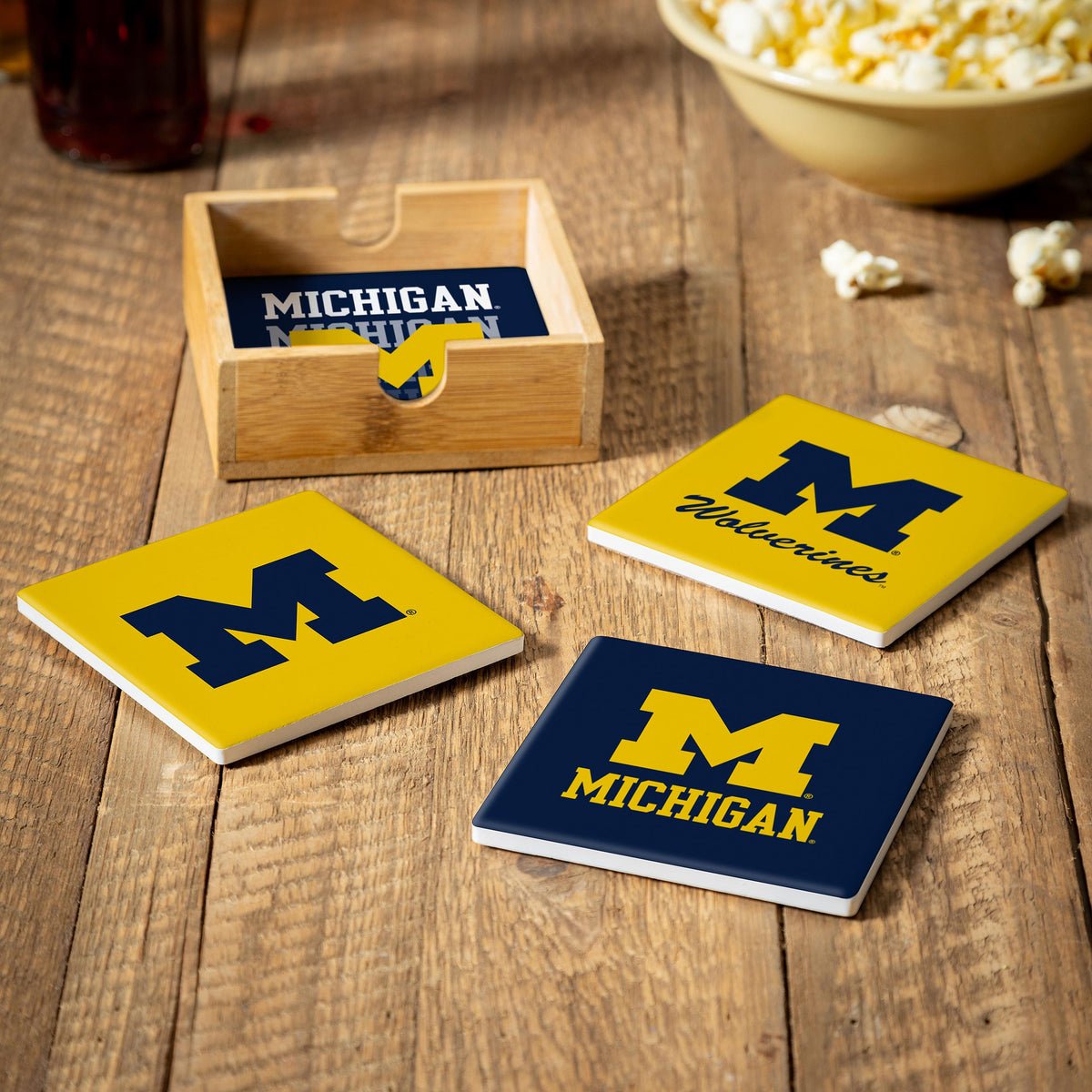 University Of Michigan Ceramic Coasters Set, 4pcs with Wood Caddy ...